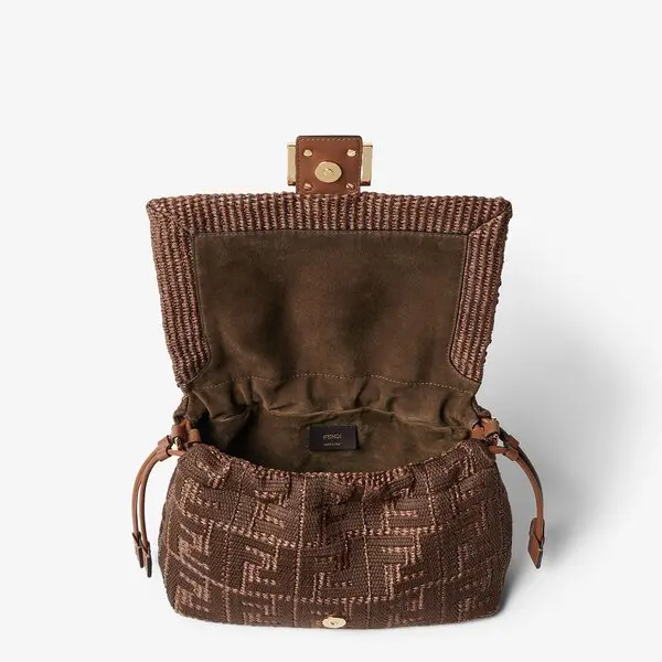 Fendi Baguette® Soft Medium Sellier Brown Raffia-effect Material Woven Bag With Ff Embroidery